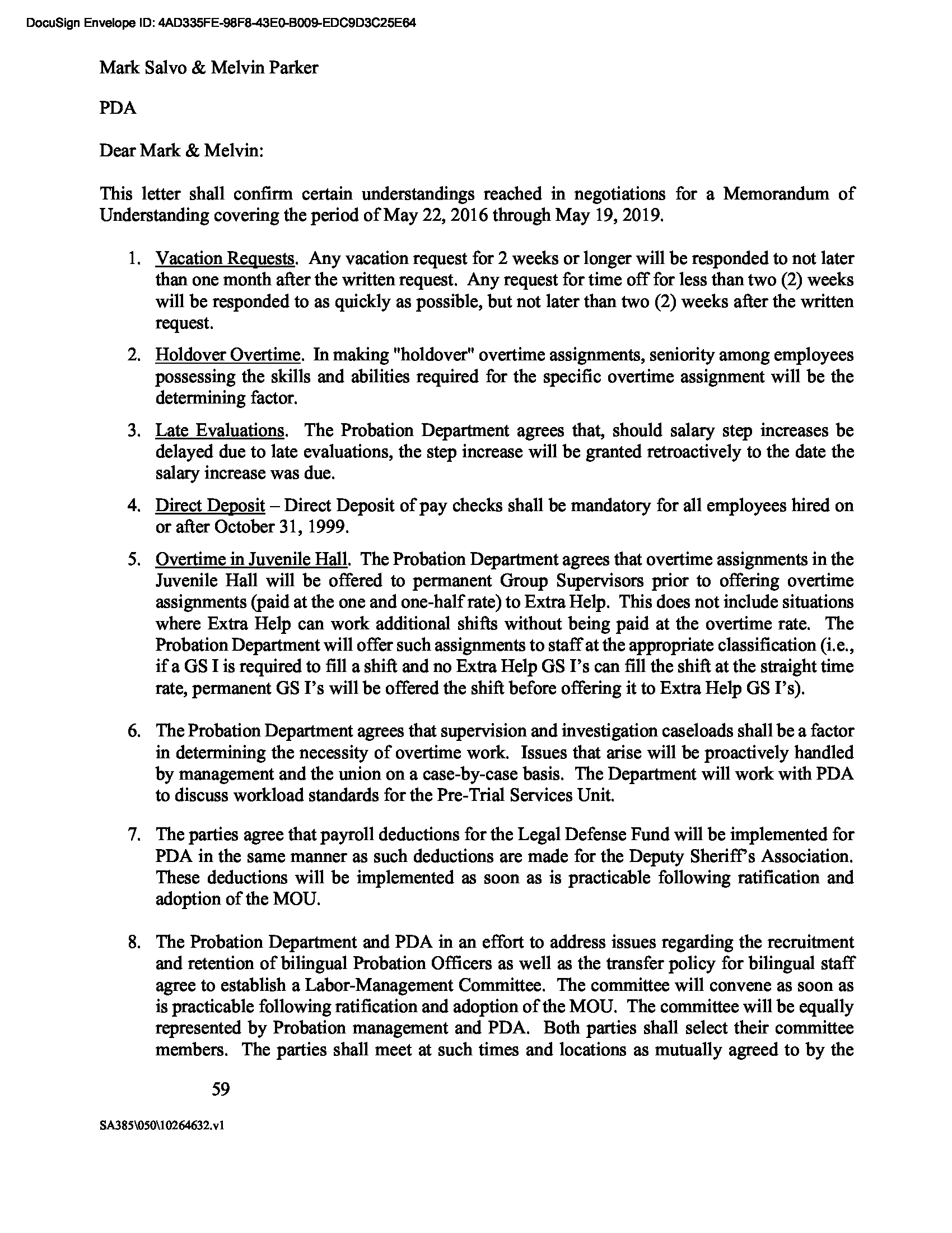 PDA MOU Negotiation Letter Employee Labor Relations